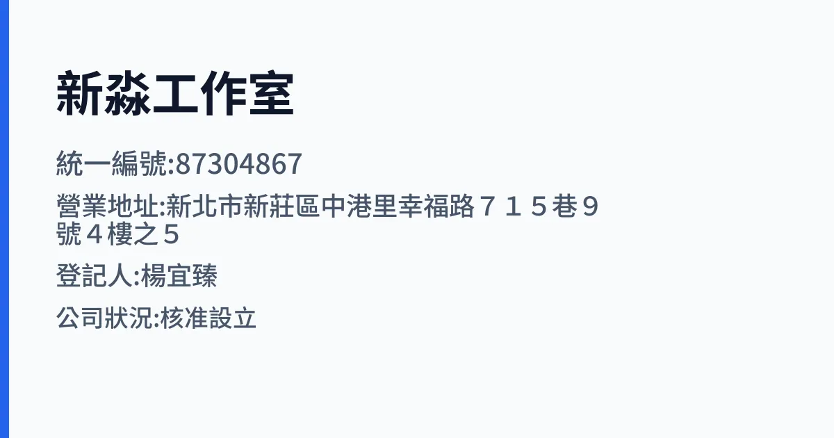 新淼工作室 - 統編 87304867(新北市) 公司登記資料與營業項目詳細圖表