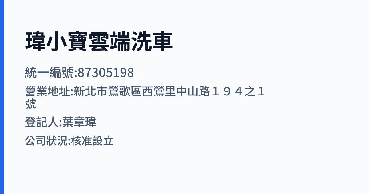 瑋小寶雲端洗車 - 統編 87305198(新北市) 公司登記資料與營業項目詳細圖表