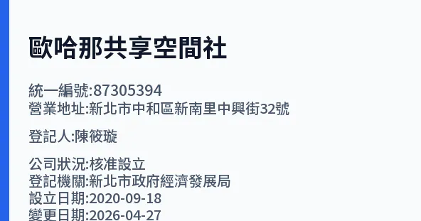 歐哈那共享空間社的照片-統編 87305394(新北市) 公司登記資料與營業項目詳細圖表