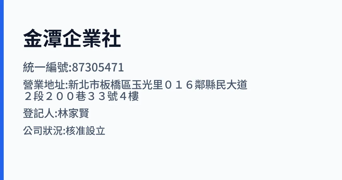 金潭企業社 - 統編 87305471(新北市) 公司登記資料與營業項目詳細圖表