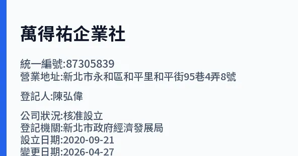 萬得祐企業社的照片-統編 87305839(新北市) 公司登記資料與營業項目詳細圖表