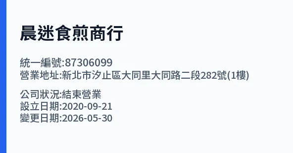 晨迷食煎商行的照片-統編 87306099(新北市) 公司登記資料與營業項目詳細圖表
