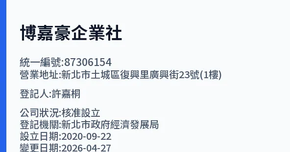 博嘉豪企業社的照片-統編 87306154(新北市) 公司登記資料與營業項目詳細圖表