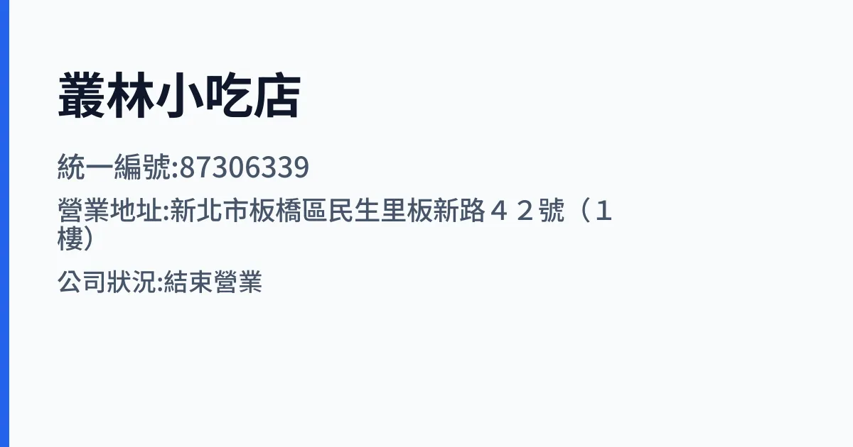 叢林小吃店 - 統編 87306339(新北市) 公司登記資料與營業項目詳細圖表