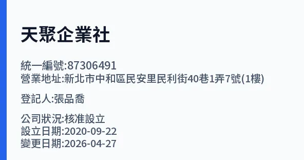 天聚企業社的照片-統編 87306491(新北市) 公司登記資料與營業項目詳細圖表
