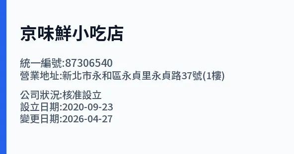 京味鮮小吃店的照片-統編 87306540(新北市) 公司登記資料與營業項目詳細圖表