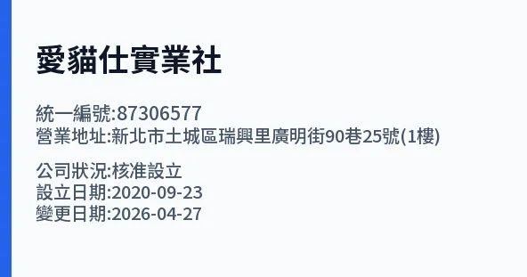 愛貓仕實業社的照片-統編 87306577(新北市) 公司登記資料與營業項目詳細圖表