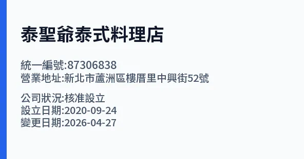 泰聖爺泰式料理店的照片-統編 87306838(新北市) 公司登記資料與營業項目詳細圖表
