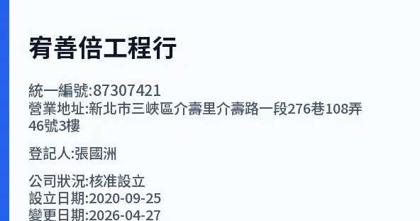 宥善倍工程行的照片-統編 87307421(新北市) 公司登記資料與營業項目詳細圖表