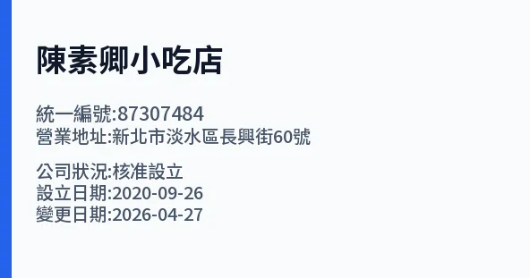 陳素卿小吃店的照片-統編 87307484(新北市) 公司登記資料與營業項目詳細圖表