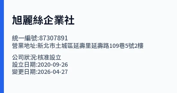 旭麗絲企業社的照片-統編 87307891(新北市) 公司登記資料與營業項目詳細圖表