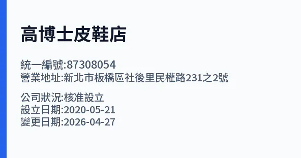 高博士皮鞋店的照片-統編 87308054(新北市) 公司登記資料與營業項目詳細圖表