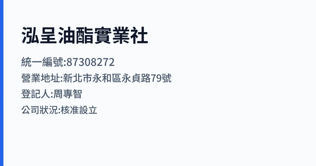 泓呈油酯實業社 - 統編 87308272（新北市） 公司登記資料與營業項目詳細圖表