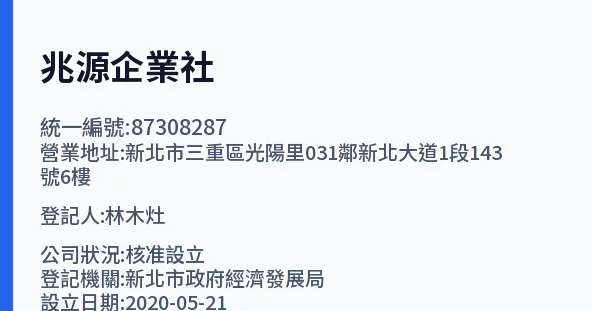兆源企業社的照片-統編 87308287(新北市) 公司登記資料與營業項目詳細圖表