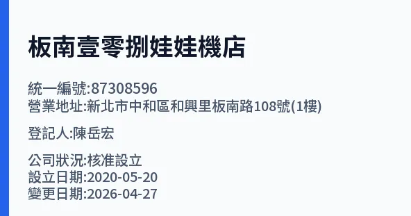 板南壹零捌娃娃機店的照片-統編 87308596(新北市) 公司登記資料與營業項目詳細圖表