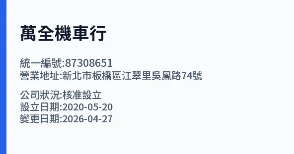 萬全機車行的照片-統編 87308651(新北市) 公司登記資料與營業項目詳細圖表