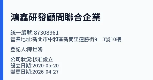 鴻鑫研發顧問聯合企業的照片-統編 87308961(新北市) 公司登記資料與營業項目詳細圖表