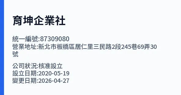育坤企業社的照片-統編 87309080(新北市) 公司登記資料與營業項目詳細圖表