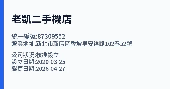 老凱二手機店的照片-統編 87309552(新北市) 公司登記資料與營業項目詳細圖表