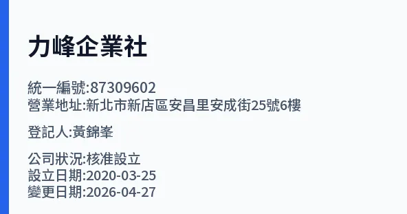 力峰企業社的照片-統編 87309602(新北市) 公司登記資料與營業項目詳細圖表