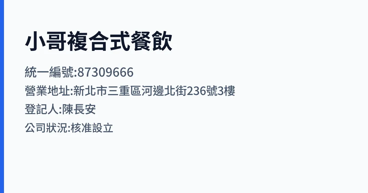 小哥複合式餐飲 - 統編 87309666(新北市) 公司登記資料與營業項目詳細圖表