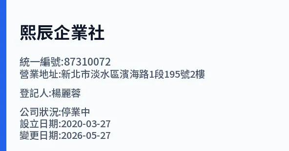 熙辰企業社的照片-統編 87310072(新北市) 公司登記資料與營業項目詳細圖表