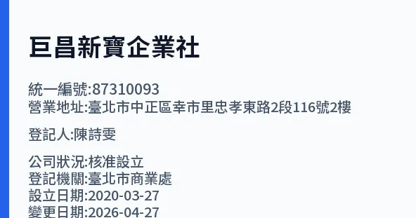 巨昌新寶企業社的照片-統編 87310093(臺北市) 公司登記資料與營業項目詳細圖表