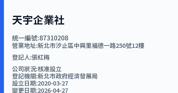 天宇企業社的照片-統編 87310208(新北市) 公司登記資料與營業項目詳細圖表