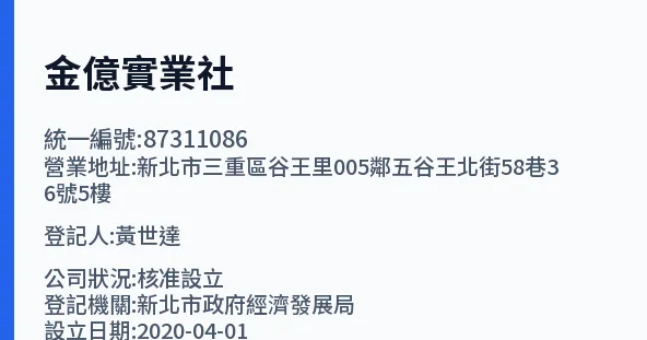 金億實業社的照片-統編 87311086(新北市) 公司登記資料與營業項目詳細圖表