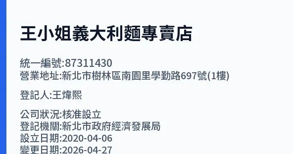 王小姐義大利麵專賣店的照片-統編 87311430(新北市) 公司登記資料與營業項目詳細圖表