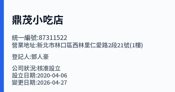 鼎茂小吃店的照片-統編 87311522(新北市) 公司登記資料與營業項目詳細圖表