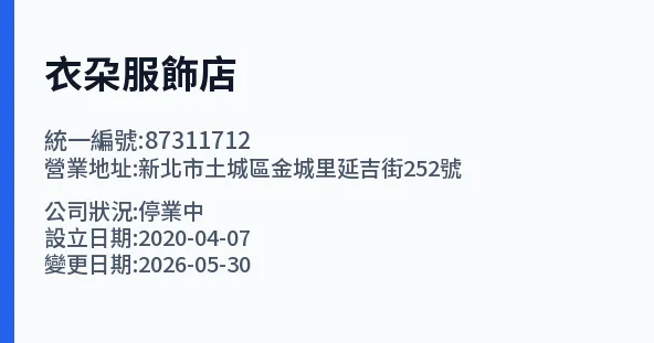 衣朶服飾店的照片-統編 87311712(新北市) 公司登記資料與營業項目詳細圖表