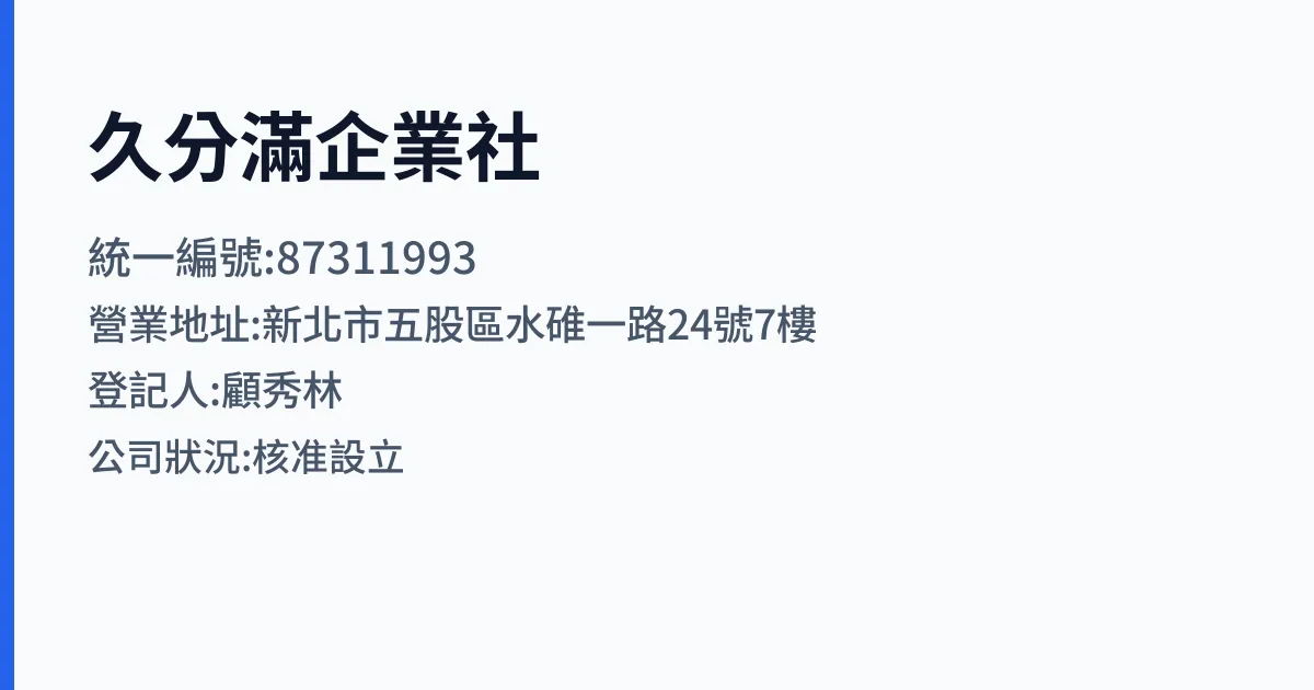 久分滿企業社 - 統編 87311993(新北市) 公司登記資料與營業項目詳細圖表