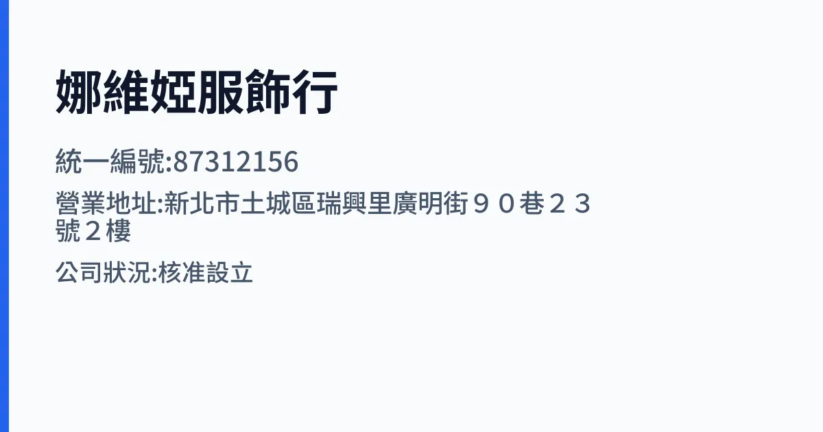 娜維婭服飾行 - 統編 87312156(新北市) 公司登記資料與營業項目詳細圖表