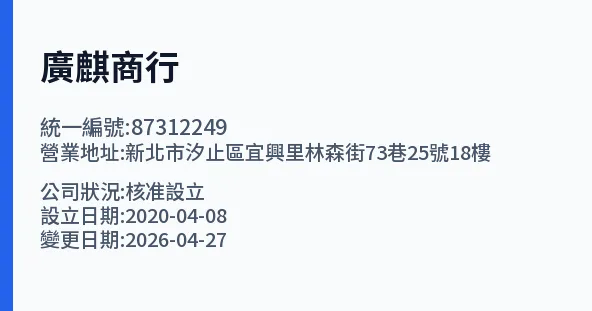 廣麒商行的照片-統編 87312249(新北市) 公司登記資料與營業項目詳細圖表