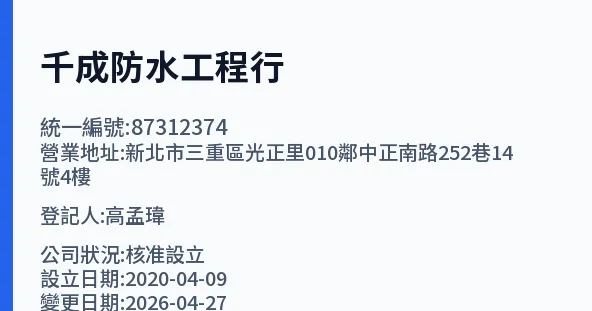 千成防水工程行的照片-統編 87312374(新北市) 公司登記資料與營業項目詳細圖表