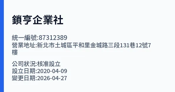 鎖亨企業社的照片-統編 87312389(新北市) 公司登記資料與營業項目詳細圖表