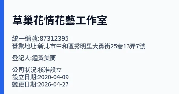 草巢花情花藝工作室的照片-統編 87312395(新北市) 公司登記資料與營業項目詳細圖表