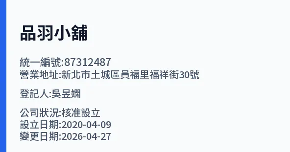 品羽小舖的照片-統編 87312487(新北市) 公司登記資料與營業項目詳細圖表