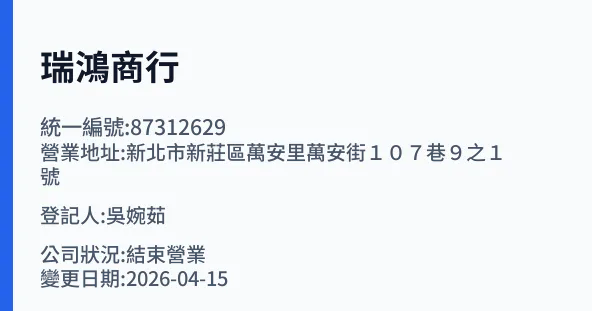 瑞鴻商行的照片-統編 87312629(新北市) 公司登記資料與營業項目詳細圖表