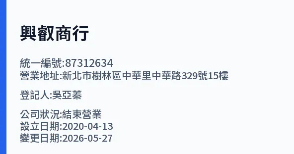 興叡商行的照片-統編 87312634(新北市) 公司登記資料與營業項目詳細圖表