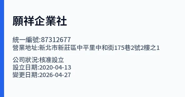 願祥企業社的照片-統編 87312677(新北市) 公司登記資料與營業項目詳細圖表