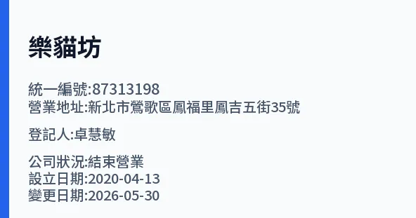 樂貓坊的照片-統編 87313198(新北市) 公司登記資料與營業項目詳細圖表
