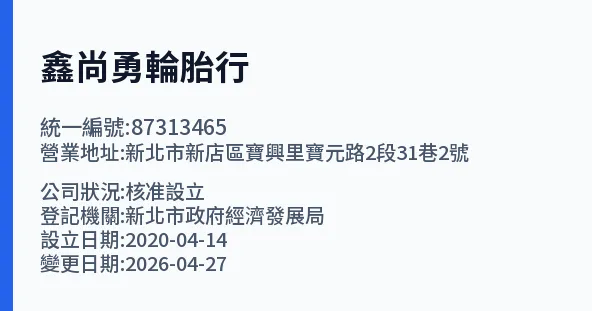 鑫尚勇輪胎行的照片-統編 87313465(新北市) 公司登記資料與營業項目詳細圖表
