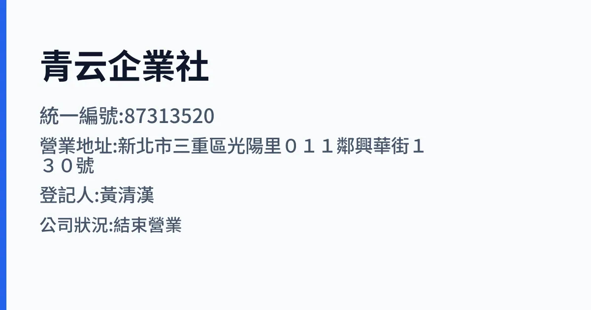 青云企業社 - 統編 87313520(新北市) 公司登記資料與營業項目詳細圖表