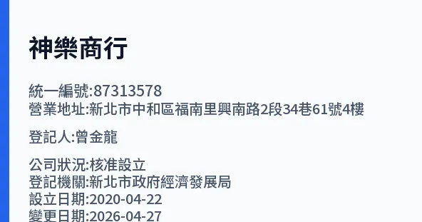 神樂商行的照片-統編 87313578(新北市) 公司登記資料與營業項目詳細圖表