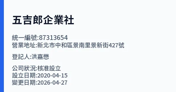 五吉郎企業社的照片-統編 87313654(新北市) 公司登記資料與營業項目詳細圖表