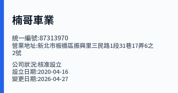 楠哥車業的照片-統編 87313970(新北市) 公司登記資料與營業項目詳細圖表