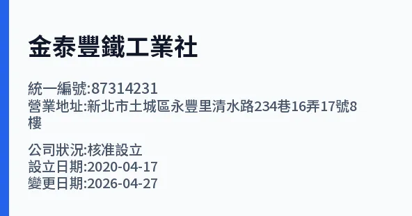 金泰豐鐵工業社的照片-統編 87314231(新北市) 公司登記資料與營業項目詳細圖表
