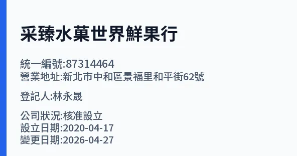 采臻水菓世界鮮果行的照片-統編 87314464(新北市) 公司登記資料與營業項目詳細圖表